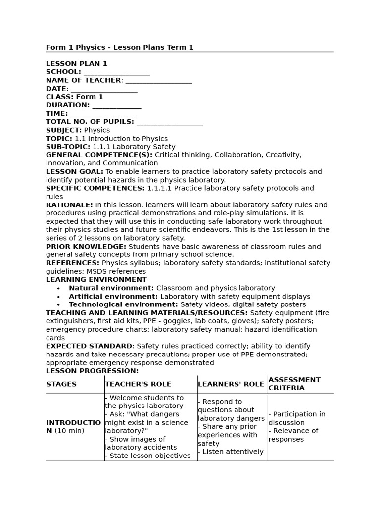 Form 1 Physics - Lesson Plans Term 1-1 | PDF | Educational Assessment ...