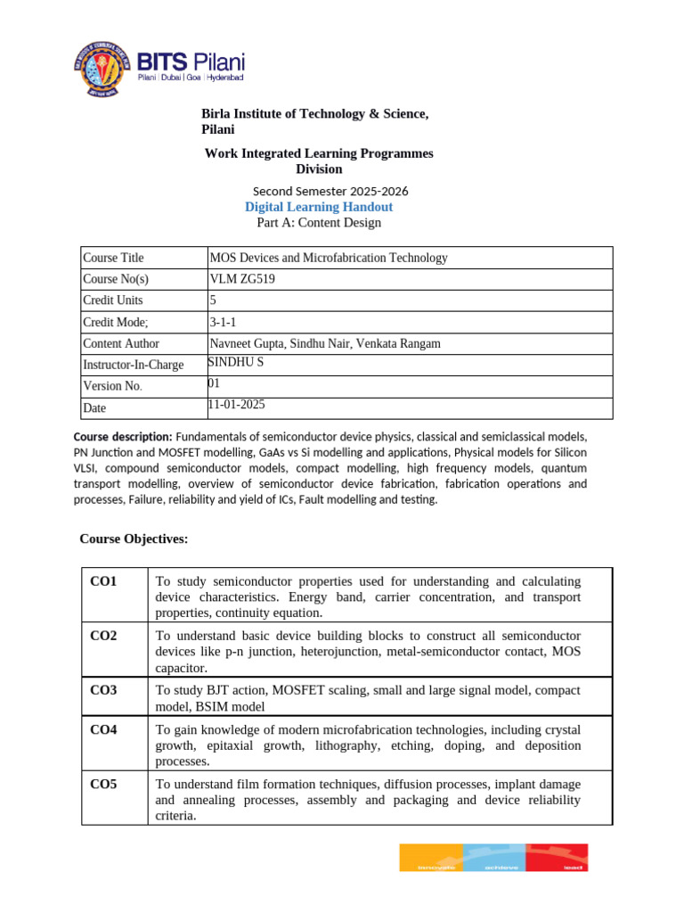 MOS Device and Microfabrication Technology Course Handout | PDF ...