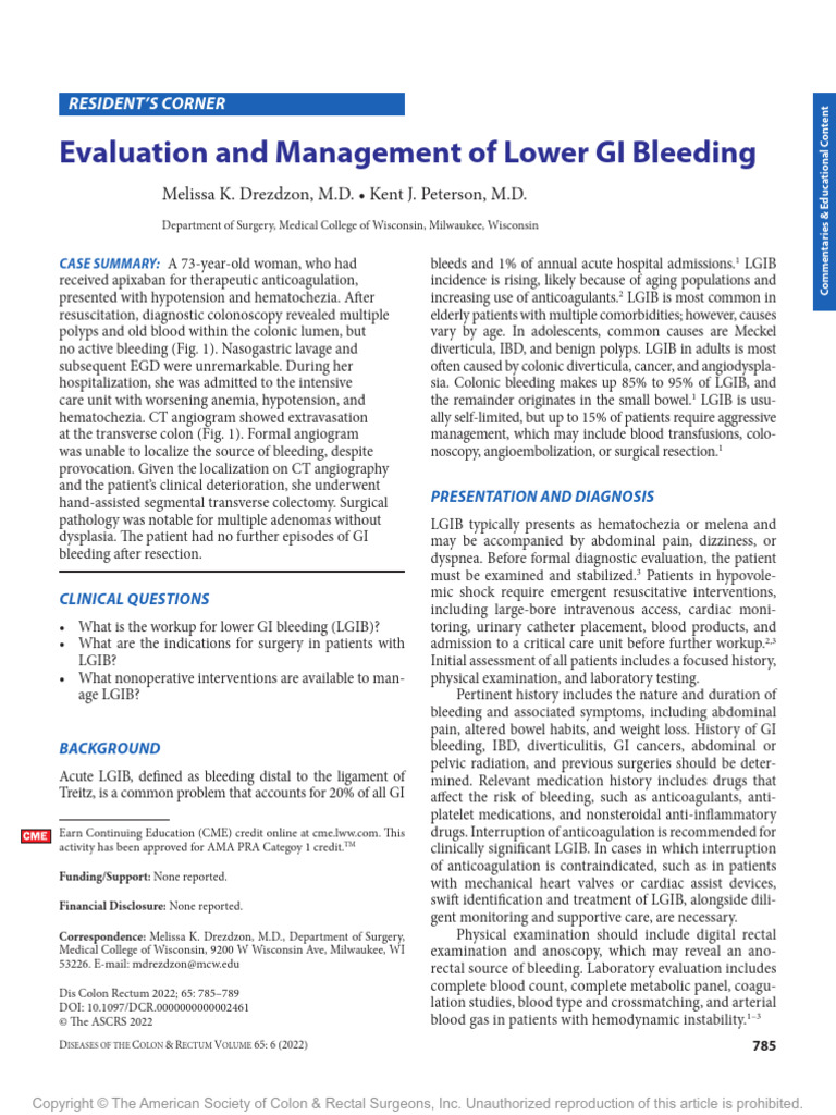 Evaluation and Management of Lower GI Bleeding (2022) | PDF ...