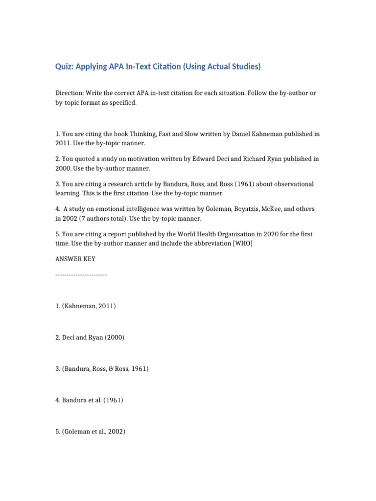 APA in Text Citation Quiz With Answer Key | PDF