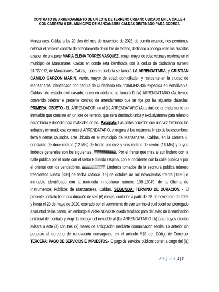 Contrato de Arrendamiento Maria Elena Torrez Final | PDF