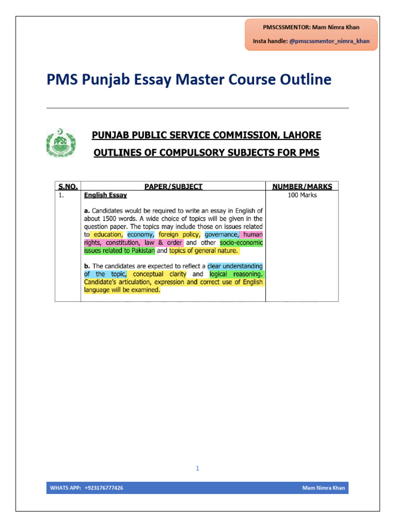 PMS Punjab Essay Master Course Outline | PDF | Pakistan | Governance