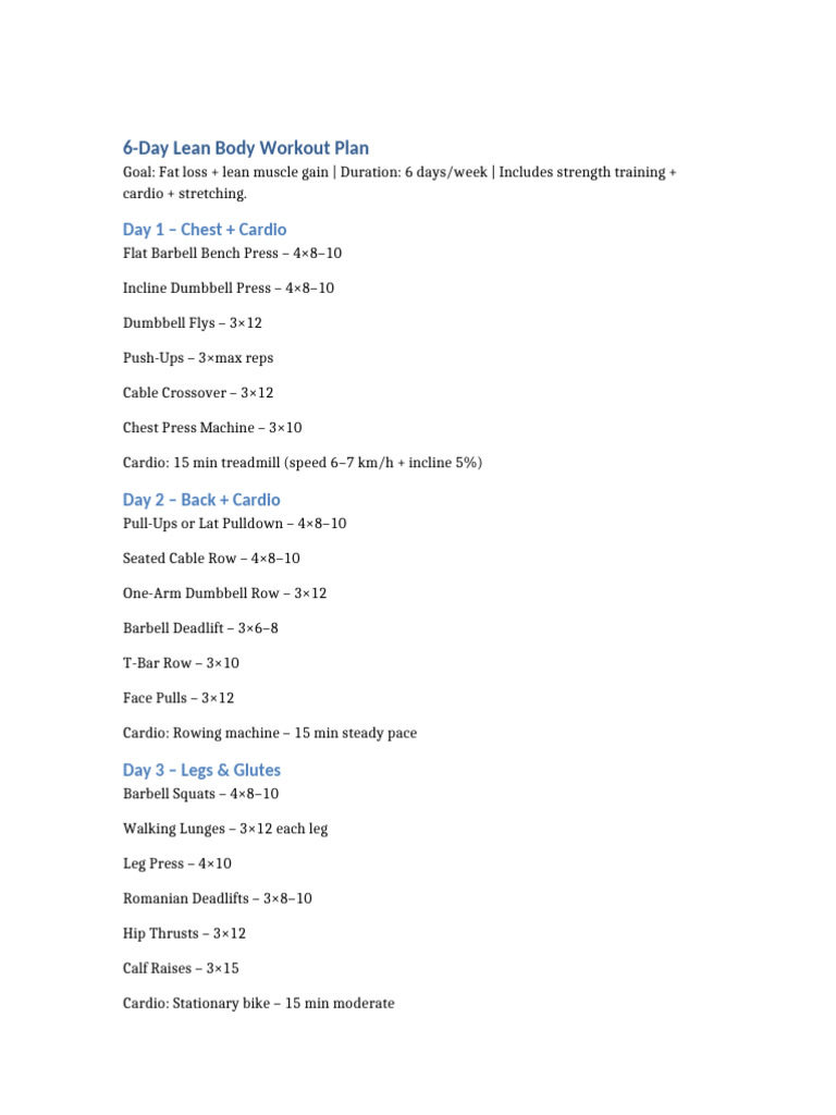 6 Day Lean Body Workout Plan | PDF