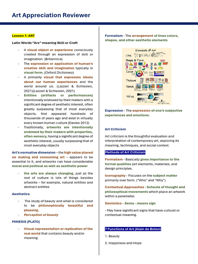 Art Appreciation Reviewer | PDF | Aesthetics | The Arts