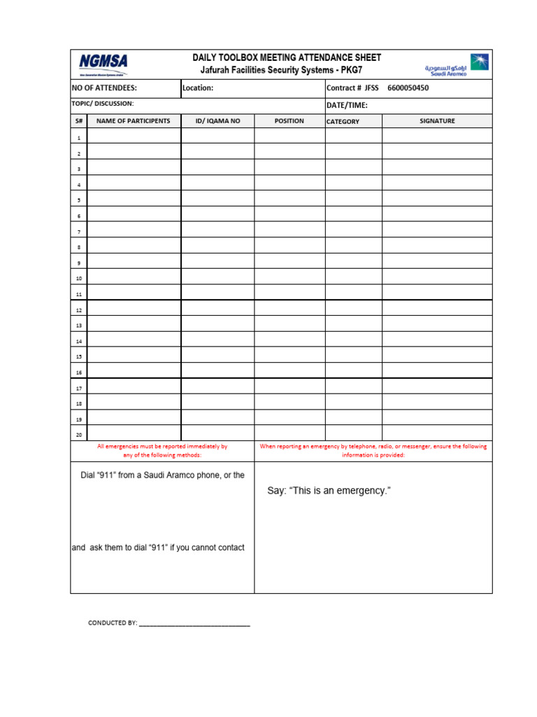 Daily Pre-Job Toolbox Talk Attendance Sheet | PDF