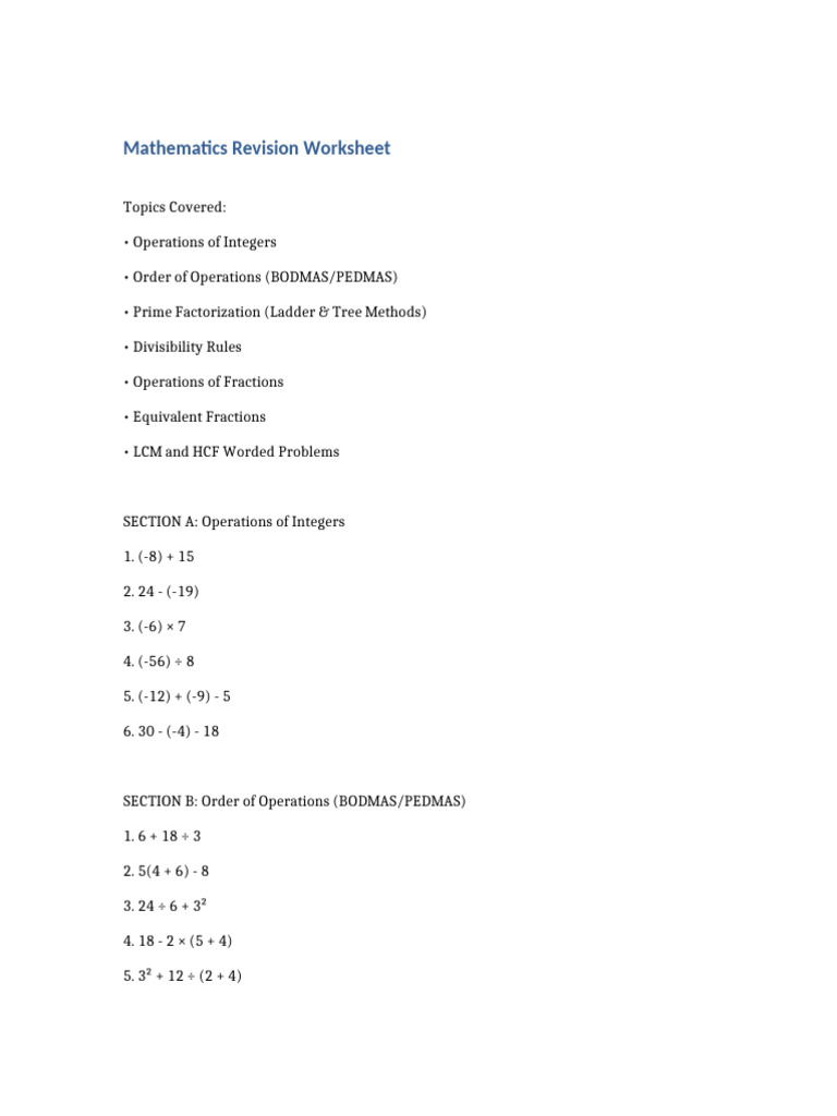 Mathematics Revision Worksheet | PDF