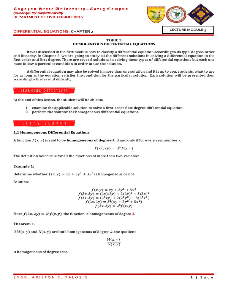 Module 5 Homogeneous Differential Equations | PDF | Ordinary ...