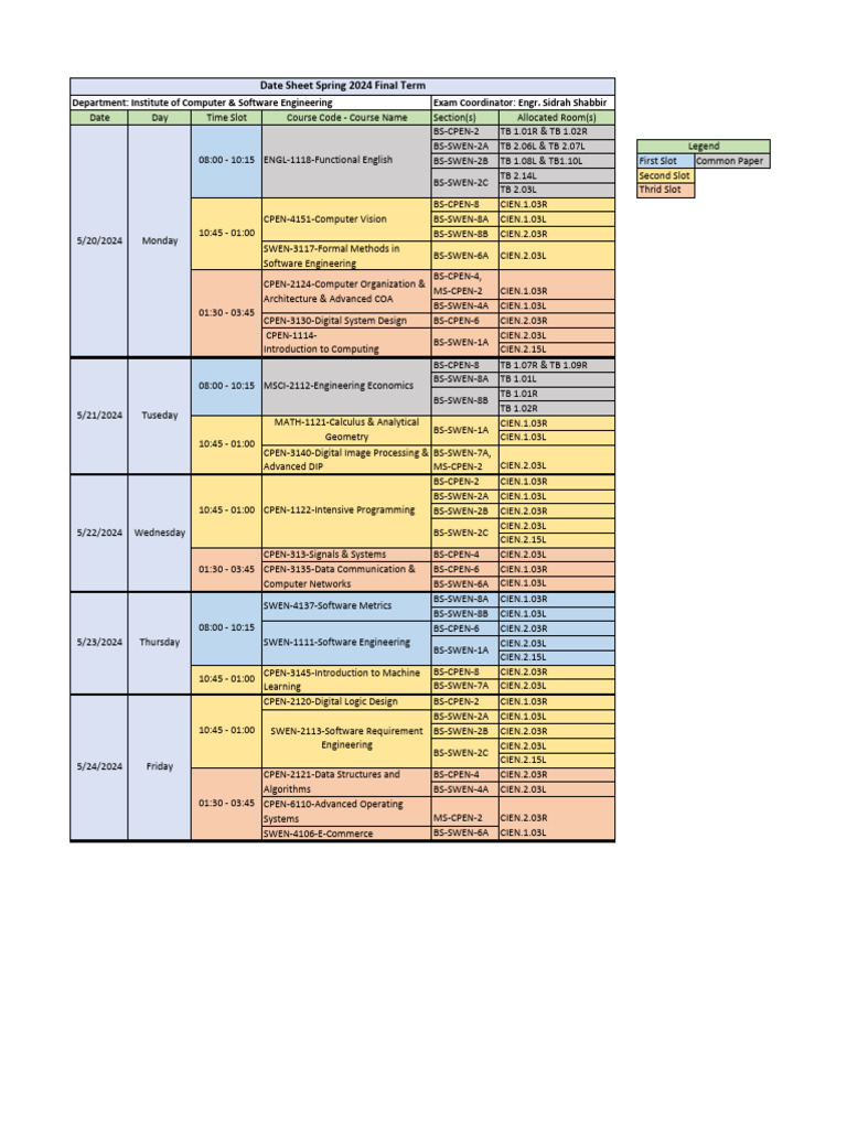 ICSE End Semester Exam Date Sheet - SP24 - v1.1 | PDF | Computing ...