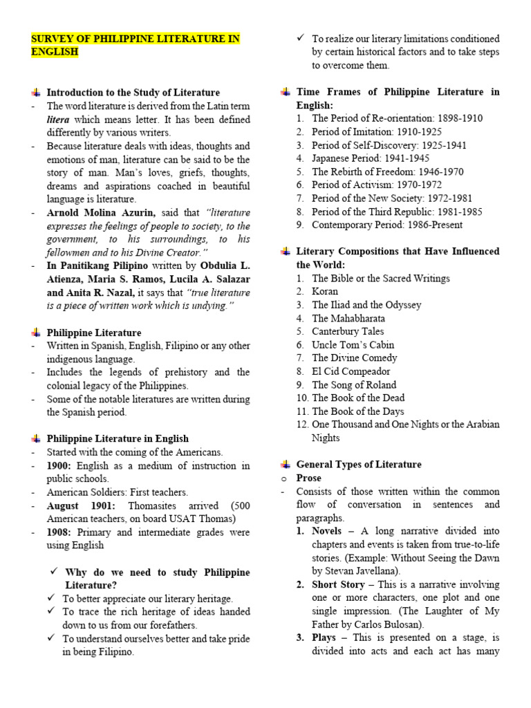 Survey of Philippine Literature in English Notes Midterm | PDF | Poetry ...