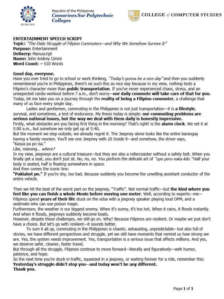 Entertainment Speech Script | PDF