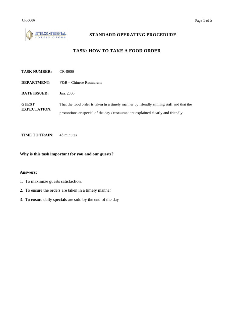 SOP How To Take A Food Order | PDF | Entrée | Steak