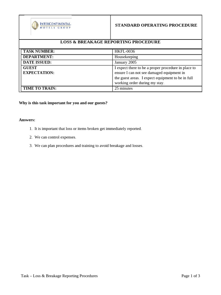 SOP Loss and Breakage Reporting Procedure | PDF