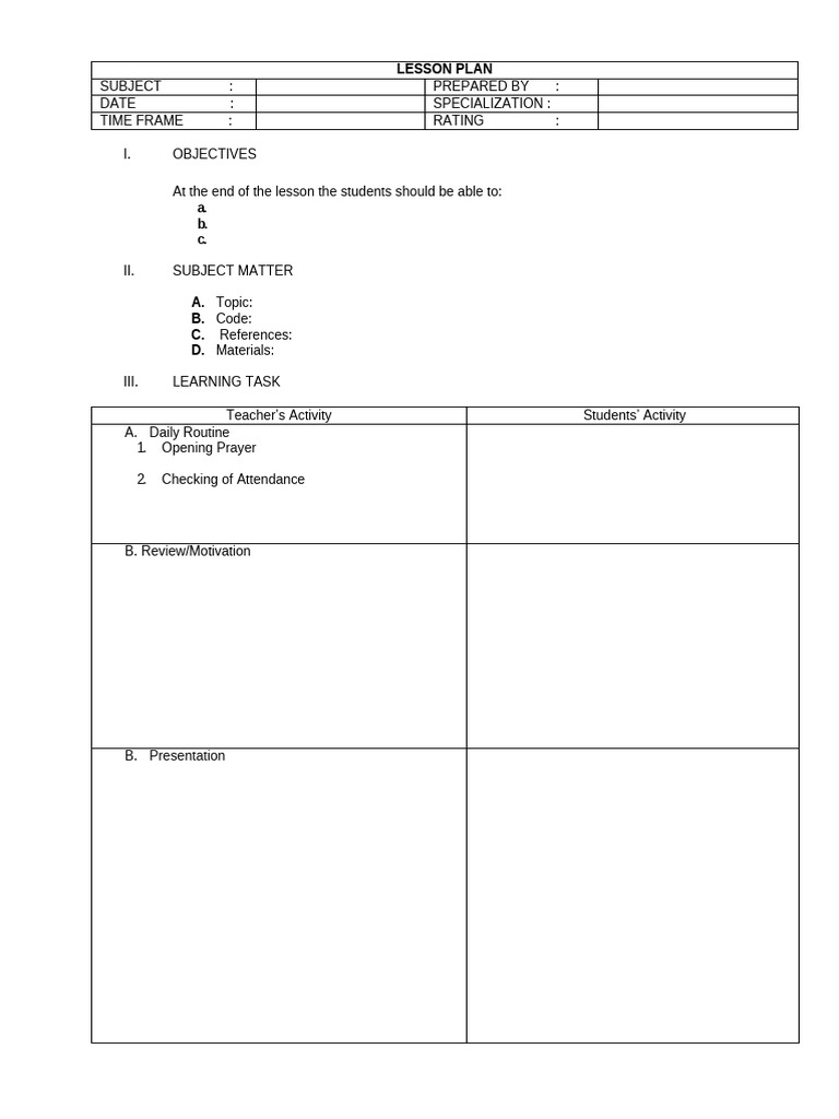 Sample Format of Lesson Plan Template | PDF