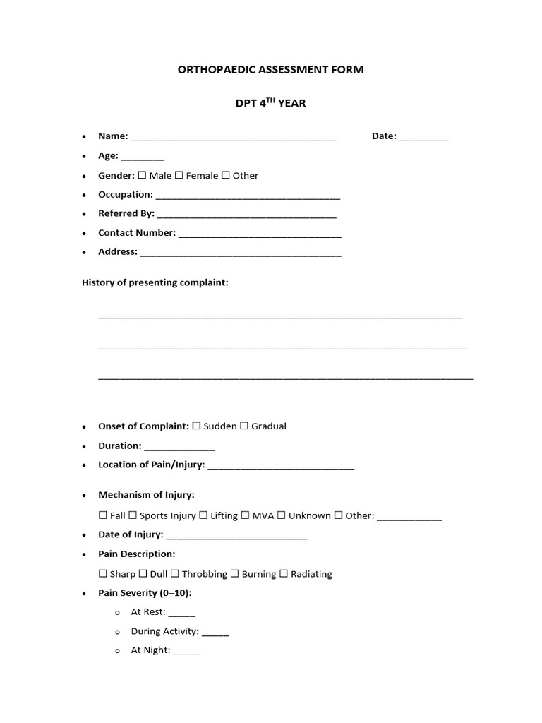 Updated ORTHOPAEDIC ASSESSMENT FORM | PDF | Arthritis | Rheumatoid ...