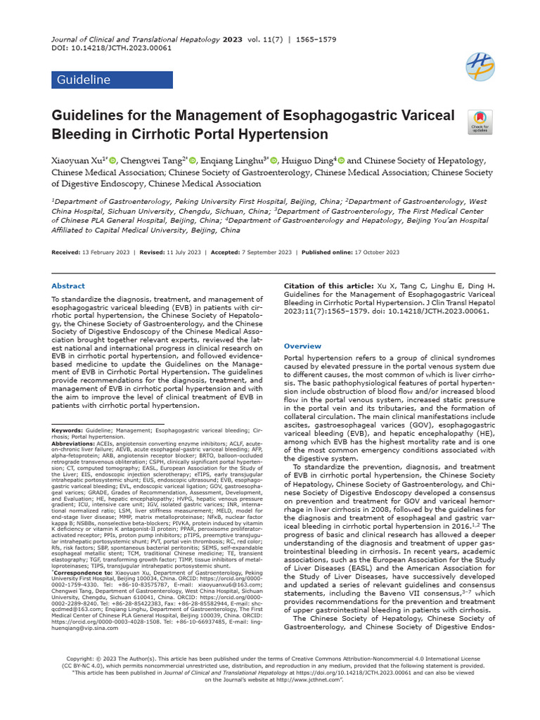 Chinese 2023 Guidelines For The Management of Esophagogastric Variceal ...
