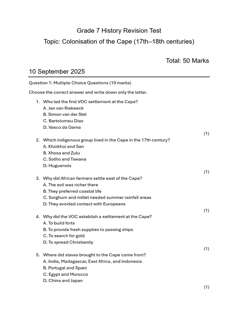 Grade 7 History Revision Test | PDF