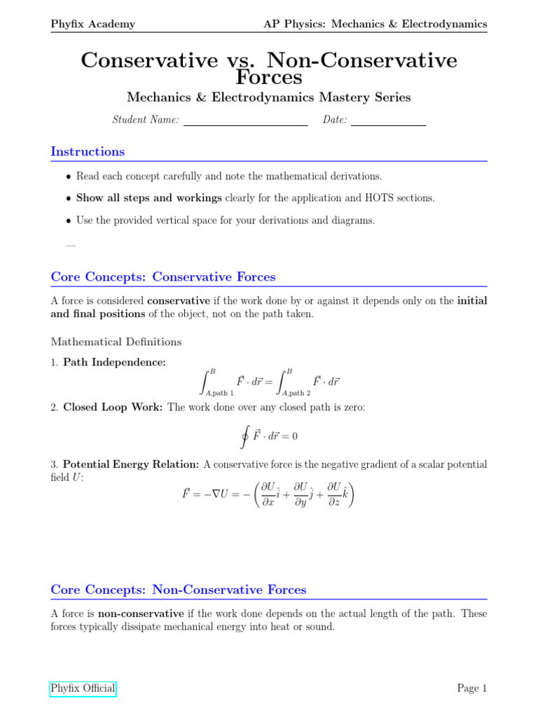 Conservative vs. Non-Conservative Forces Mechanics & Electrodynamics ...