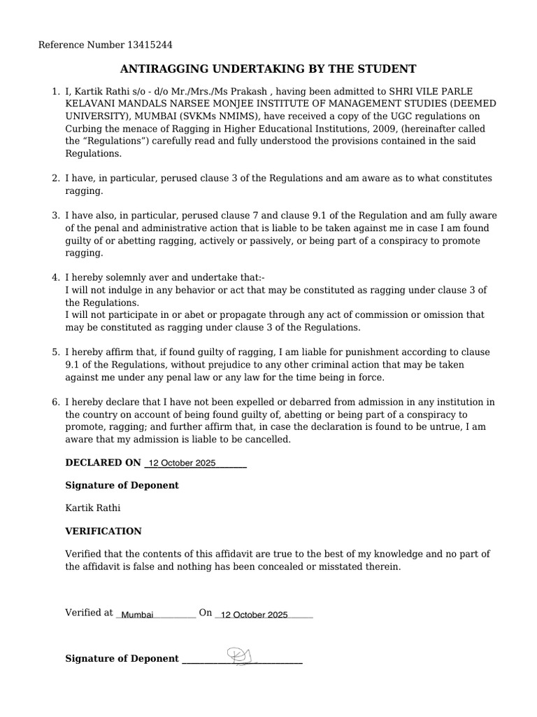 Anti Ragging Affidavit Form | PDF