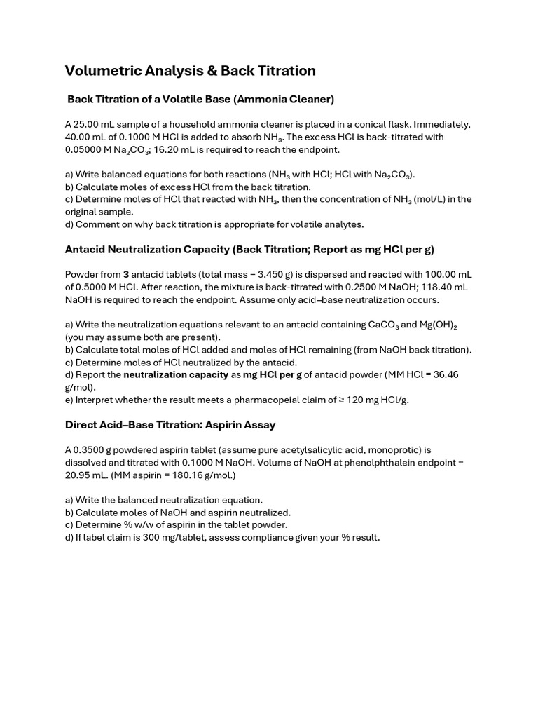 Volumetric Analysis and Back Titration Prework | PDF | Titration ...