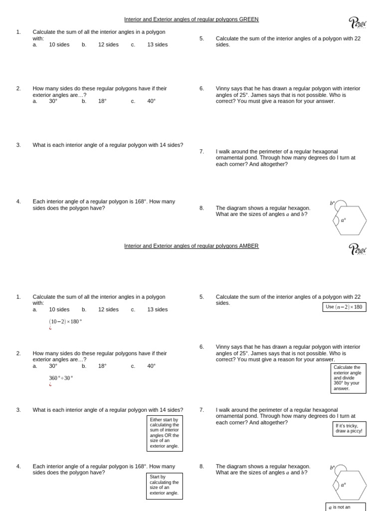 Interior and Exterior Angles Questions RAG | PDF | Polygon | Angle