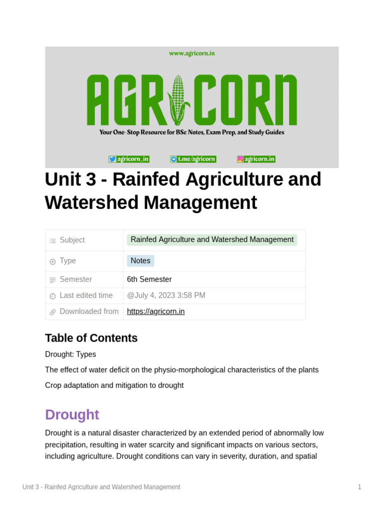 Unit 3 Rainfed Agriculture and Watershed Management 6th Sem Agricorn ...