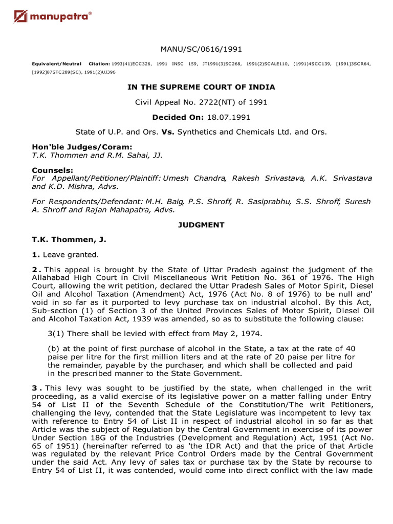 State of UP and Ors Vs Synthetics and Chemicals | PDF | Excise | Taxation