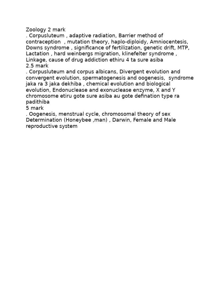 Zoology 2 Mark | PDF
