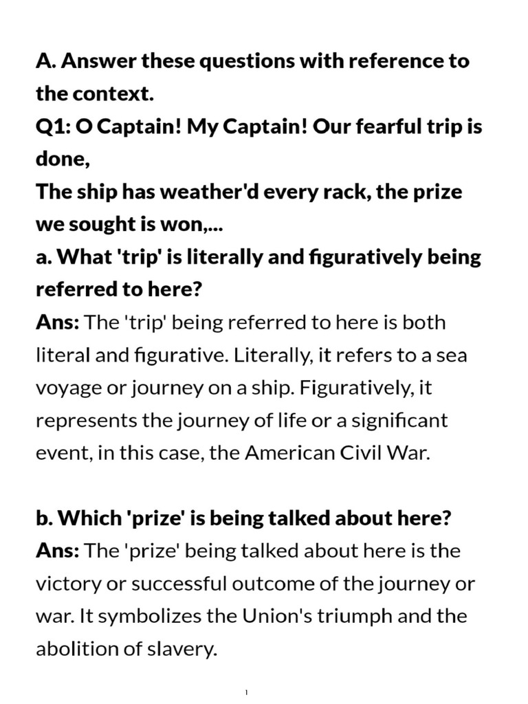 O Captain ! My Captain! - (Extra Questions) | PDF