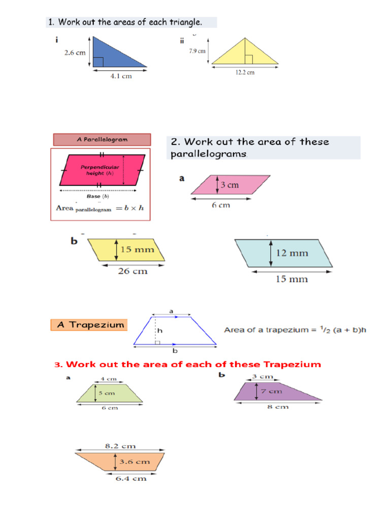 Area of Triangle Parallelogram and Trapezium. Worksheet Week 1 Lesson 1 ...