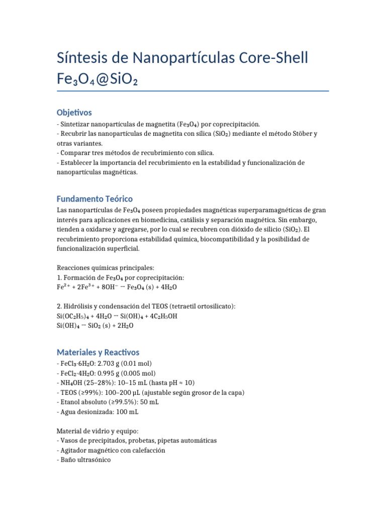 Procedimiento Sintesis Fe3O4 SiO2 | PDF | Nanopartículas | Agua