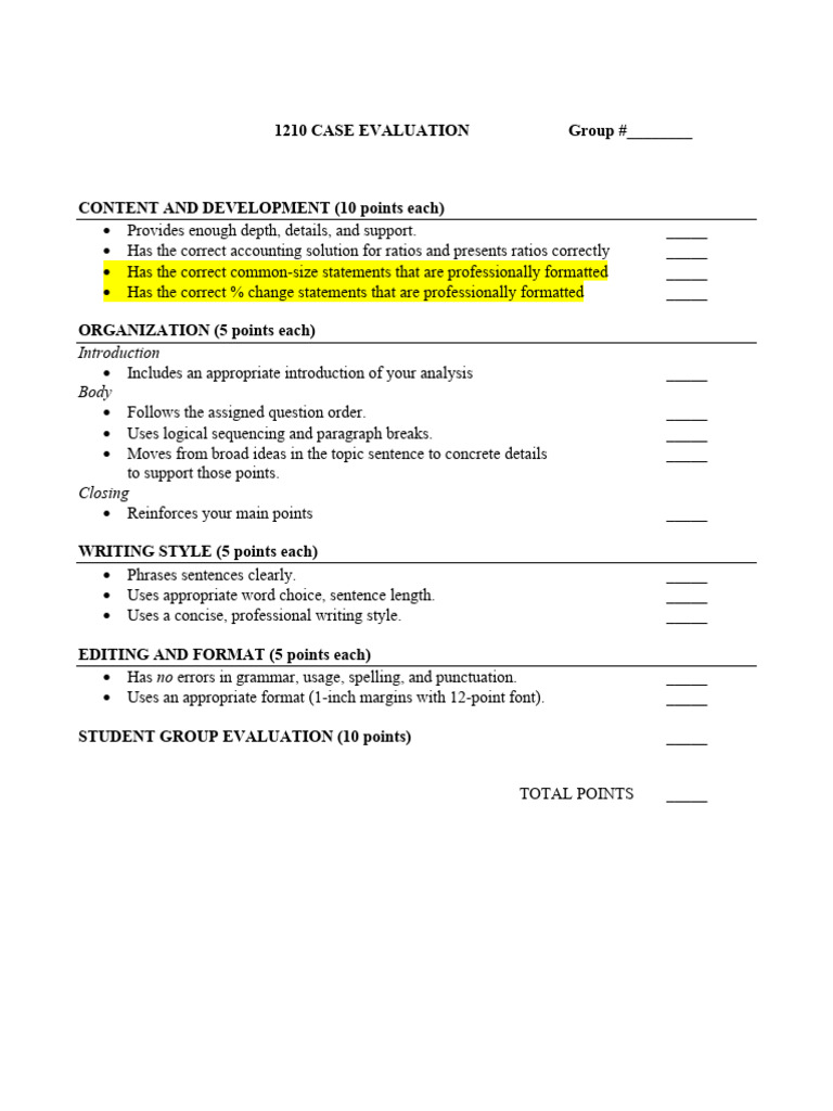 Case Evaluation 1210 Rubric | PDF