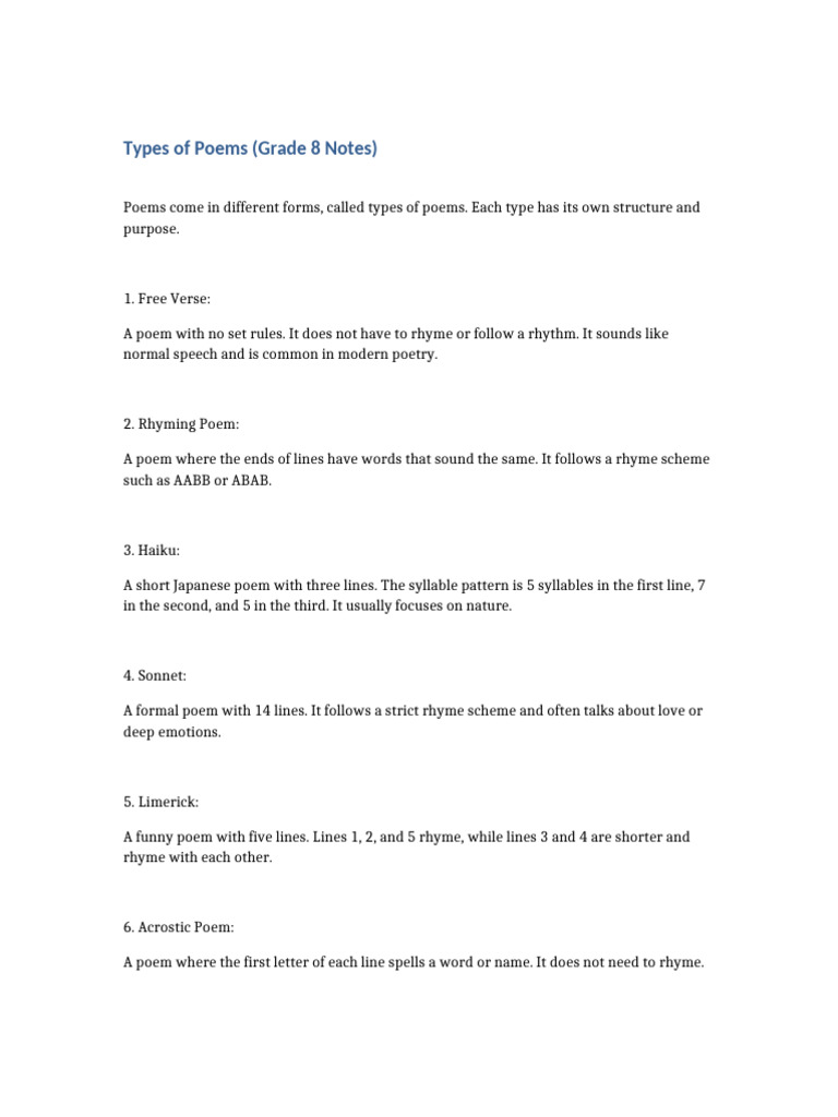 Types of Poems Grade 8 | PDF