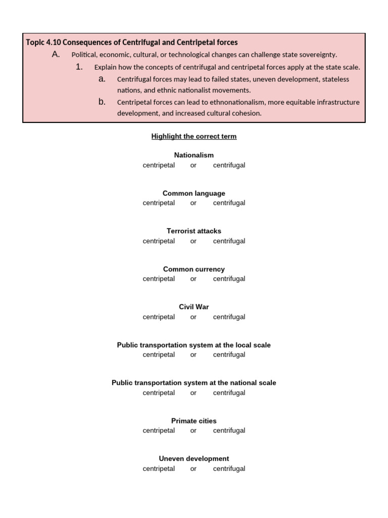4.10 Check For Understanding - Centripetal - Centrifugal | PDF