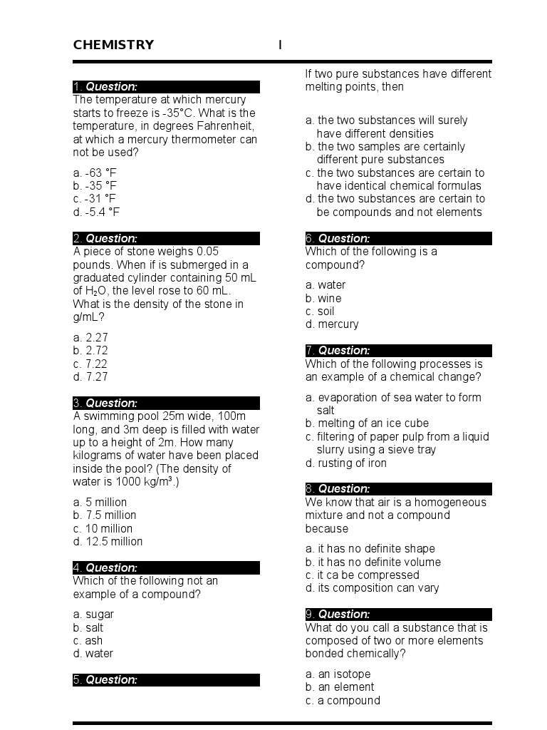 Chemistry Questions | PDF | Chemical Bond | Chemical Reactions