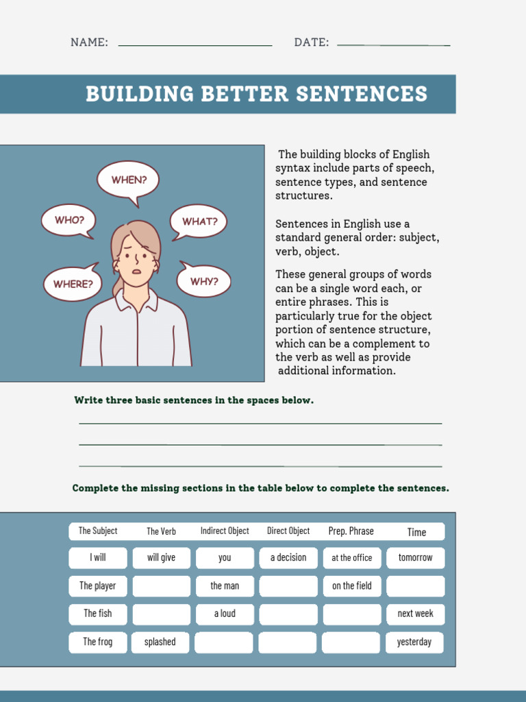 Blue Illustrated English Syntax Sentence Structure Worksheet | PDF