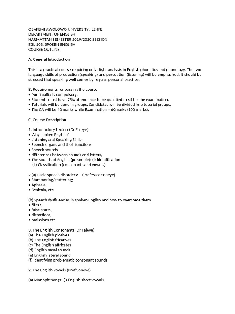 EGL103 Course Outline | PDF | English Language | Consonant