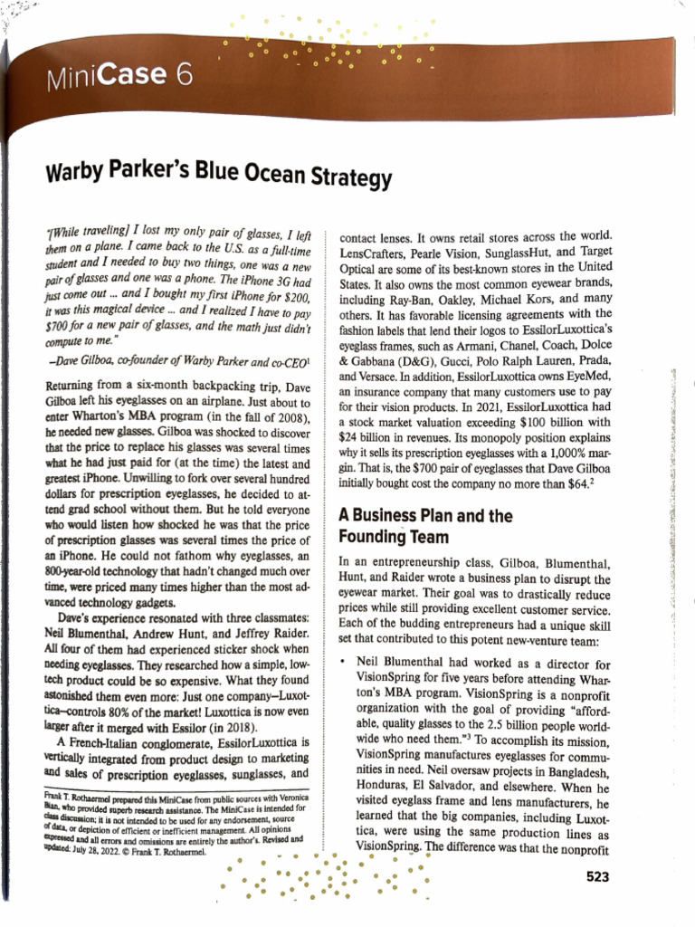 Warby Parkers Blue Ocean Strategy - Strategic Mangement 6e Frank T ...