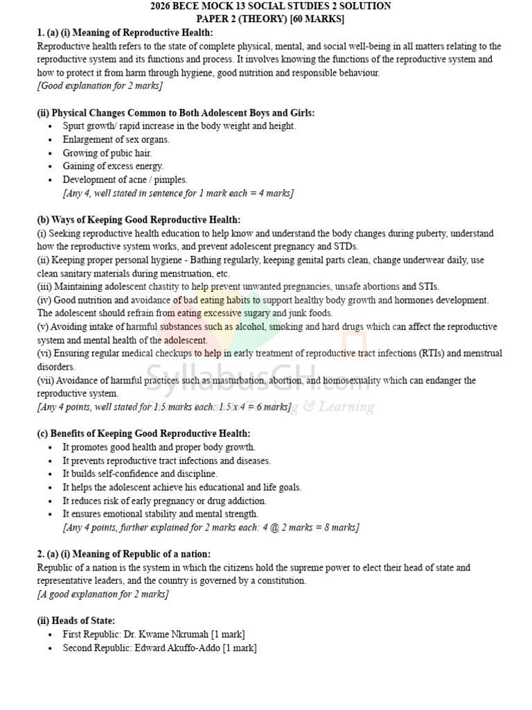 2026 Bece Mock 13 Social Studies 2 Solution | PDF | Adolescence | Pregnancy