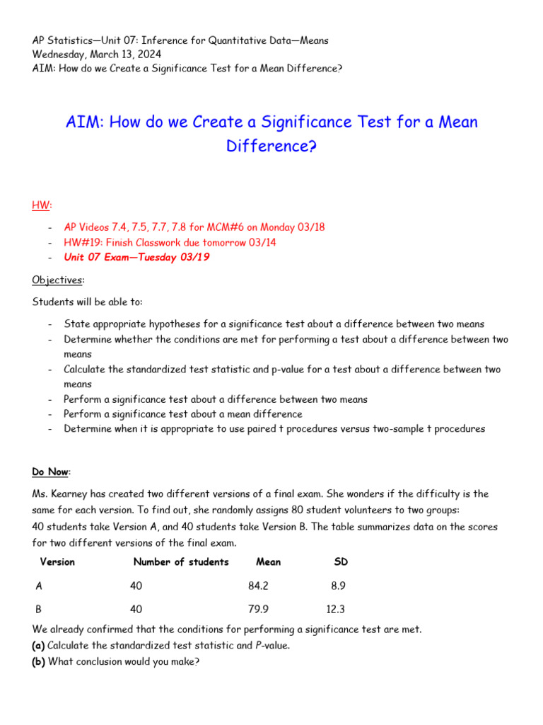 U07 L09 Significance Test For Mean Difference | PDF | Statistical ...