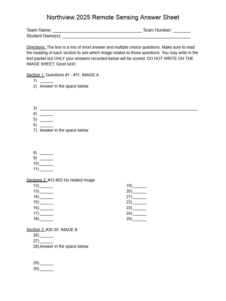 Answer Sheet Answer Key Remote Sensing Northview 2025 | PDF ...