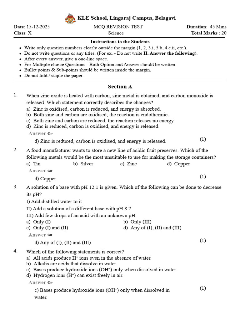 g10 Science MCQ Revision Test Test-1-Ak | PDF | Oxide | Hydroxide