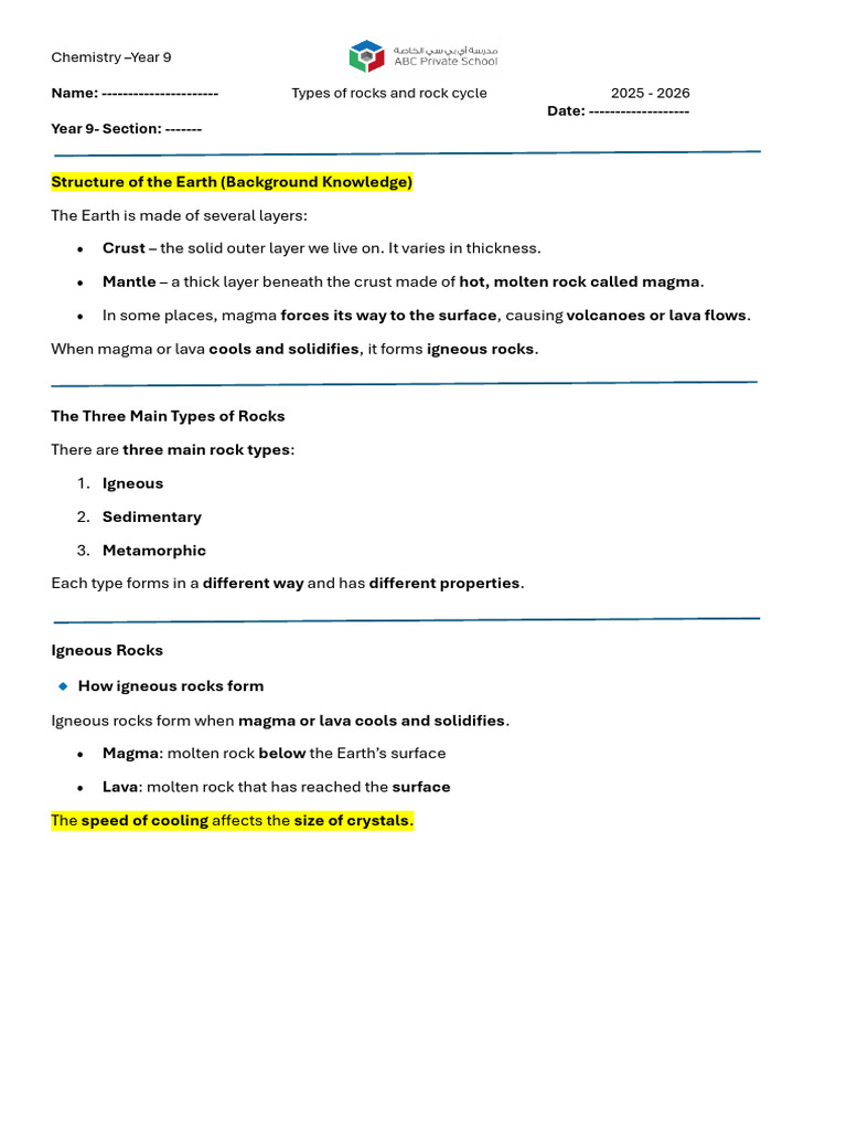 Types of Rocks and Rock Cycle Notes | PDF | Rock (Geology ...