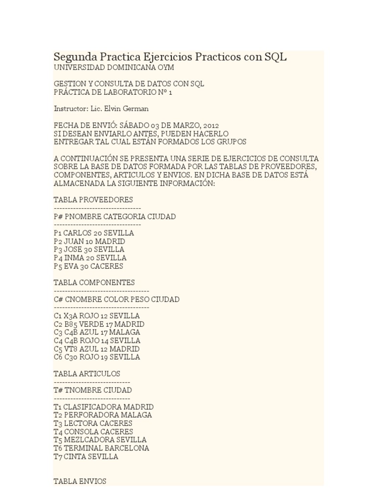 Segunda Practica Ejercicios Practicos Con SQL | Descargar gratis PDF ...