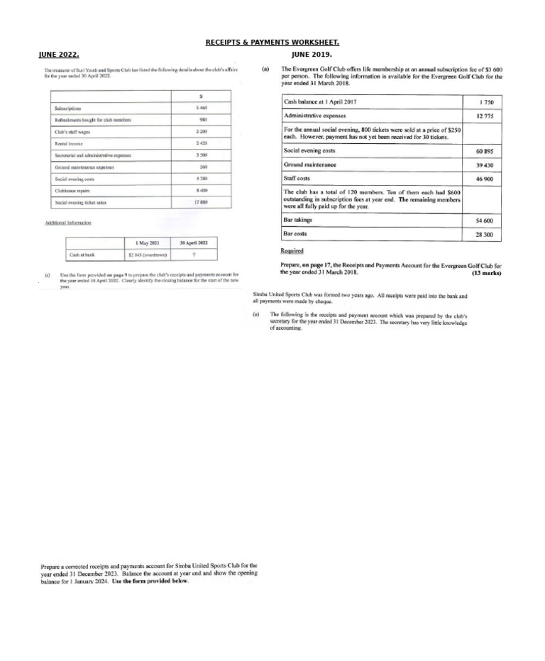 Receipts & Payments Worksheet | PDF