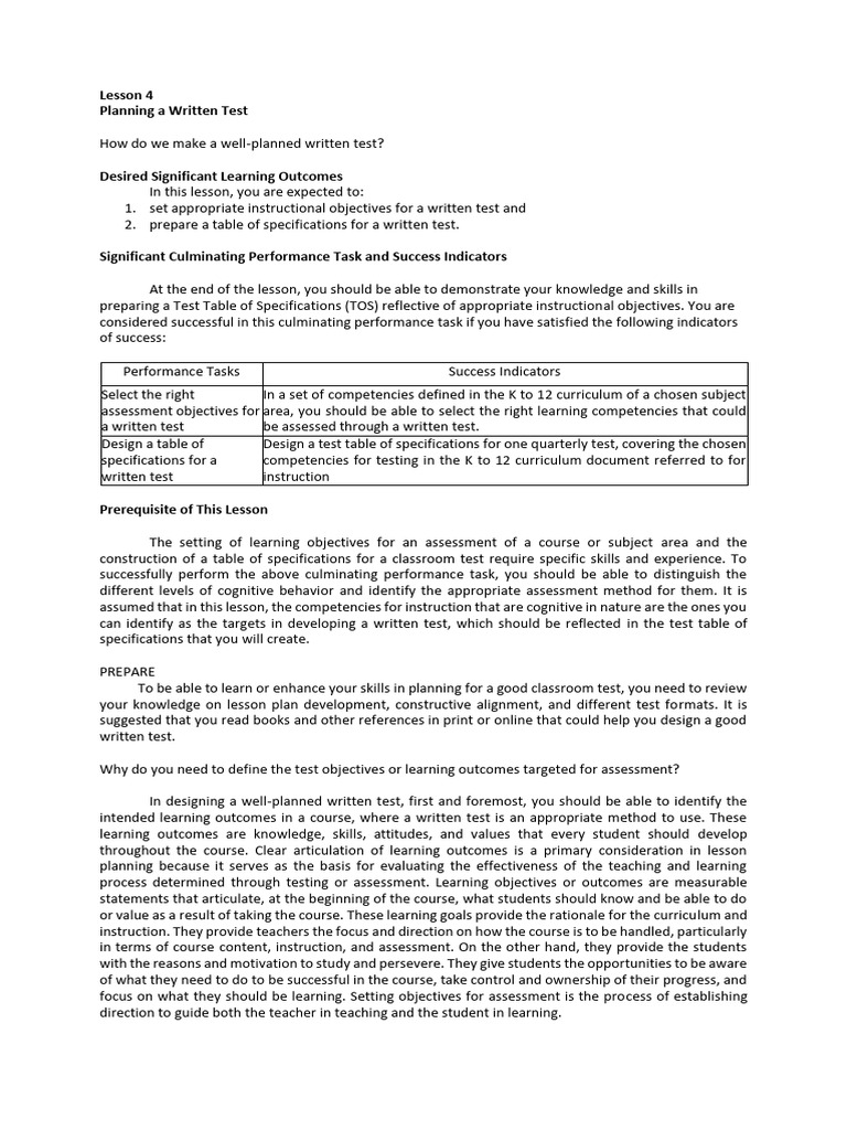 Chapter 3 Lesson 4 Planning A Written Test | PDF | Educational ...