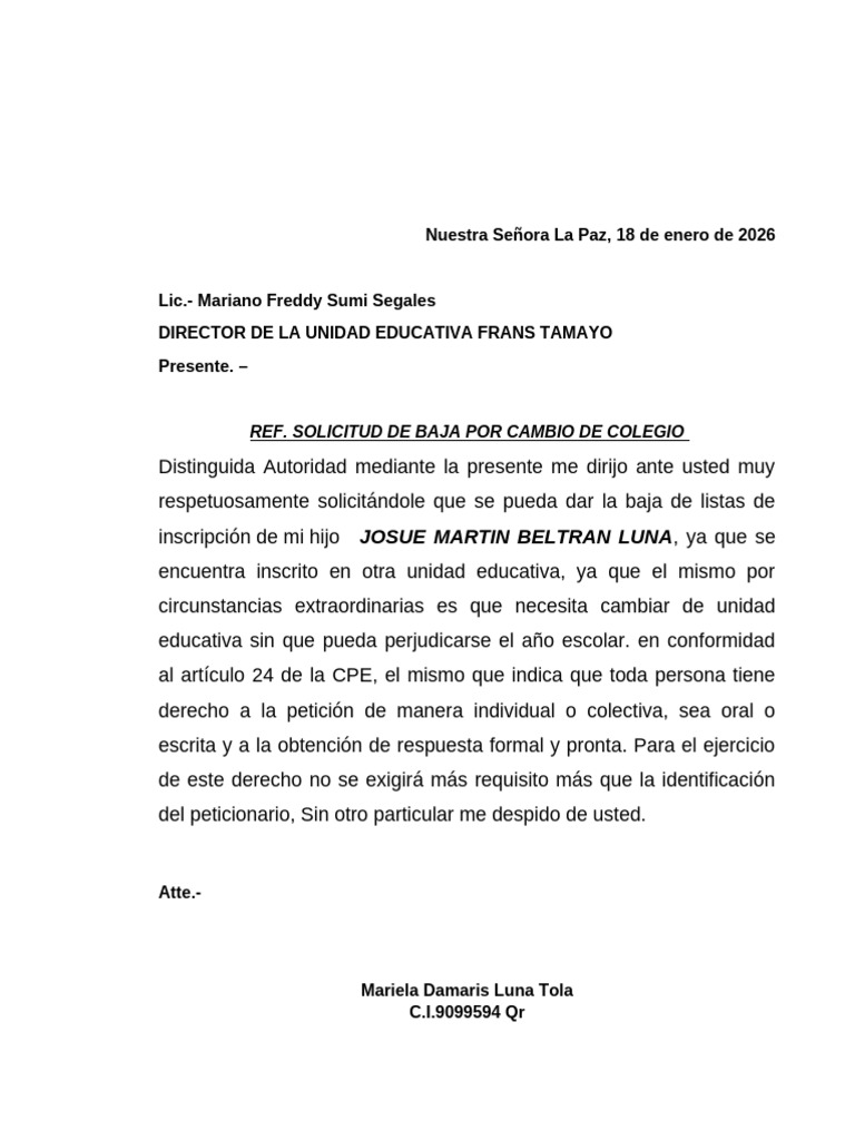Carata Colegio Baja | PDF