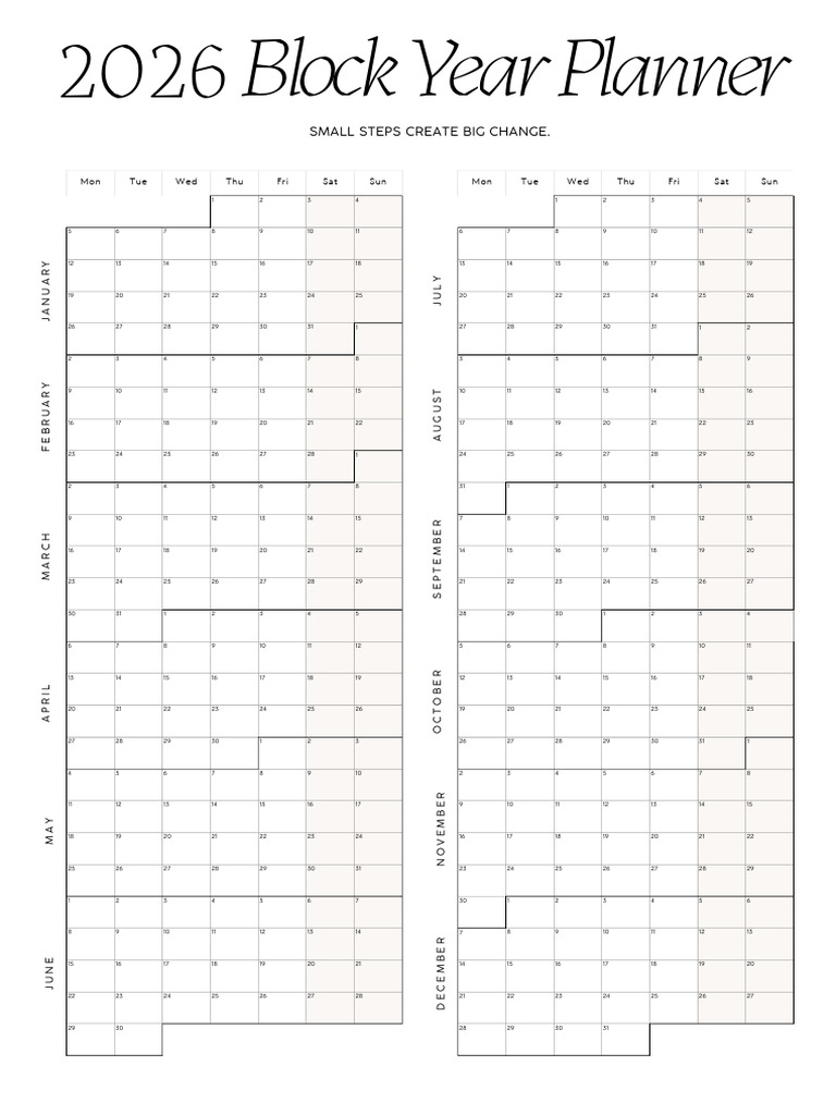 Black White Simple Clean Classic Minimalist 2026 Block Year Planner ...