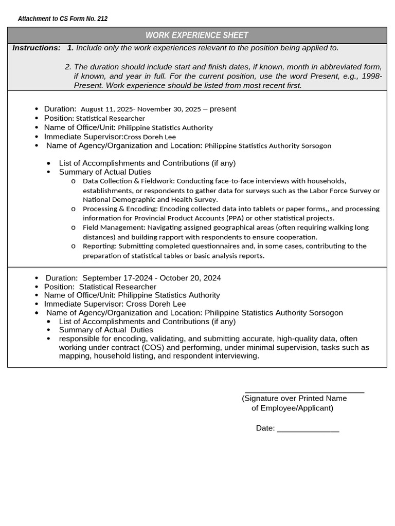 CS Form No. 212 Attachment - Work Experience Sheet | PDF | Survey ...