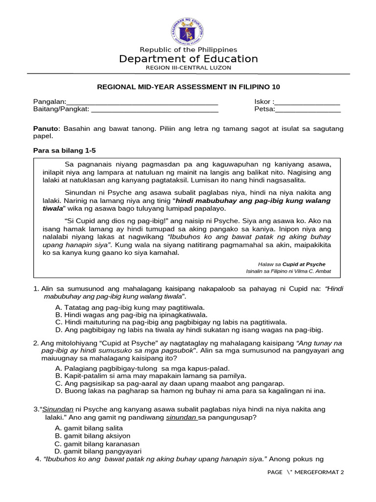 Regional Mid-Year Assessment in Filipino 10-Bulacan | PDF