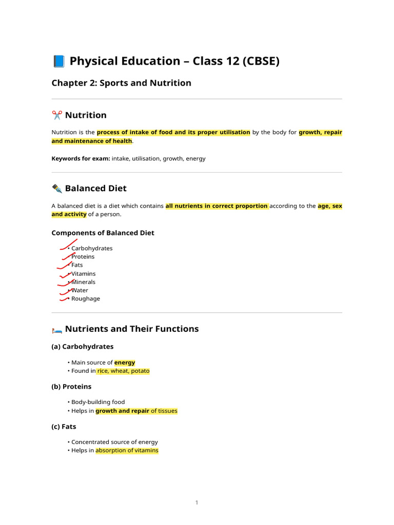Pe Class 12 - Chapter 2 - Sports and Nutrition (Cbse Notes + Mind Map ...